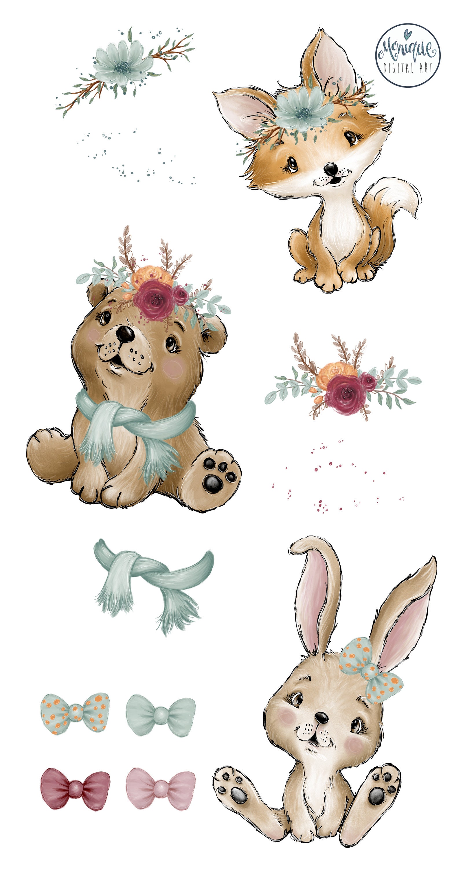 Woodland Animals Clipart, Fox, Bear, Bunny, Rabbit, Baby Fox, Baby Bear ...