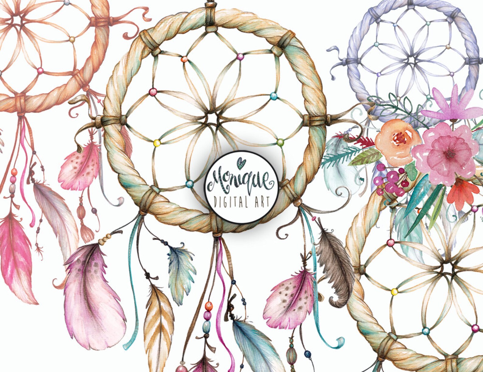 Clipart Dreamcatcher, Watercolor, Boho Clipart, Feathers, Tribal ...