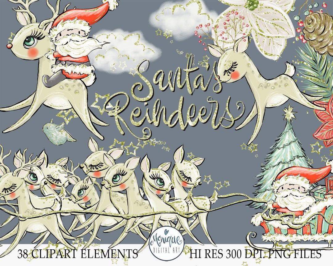 Santa Reindeer Clipart, Christmas Clipart, Reindeer Planner, Glitter ...
