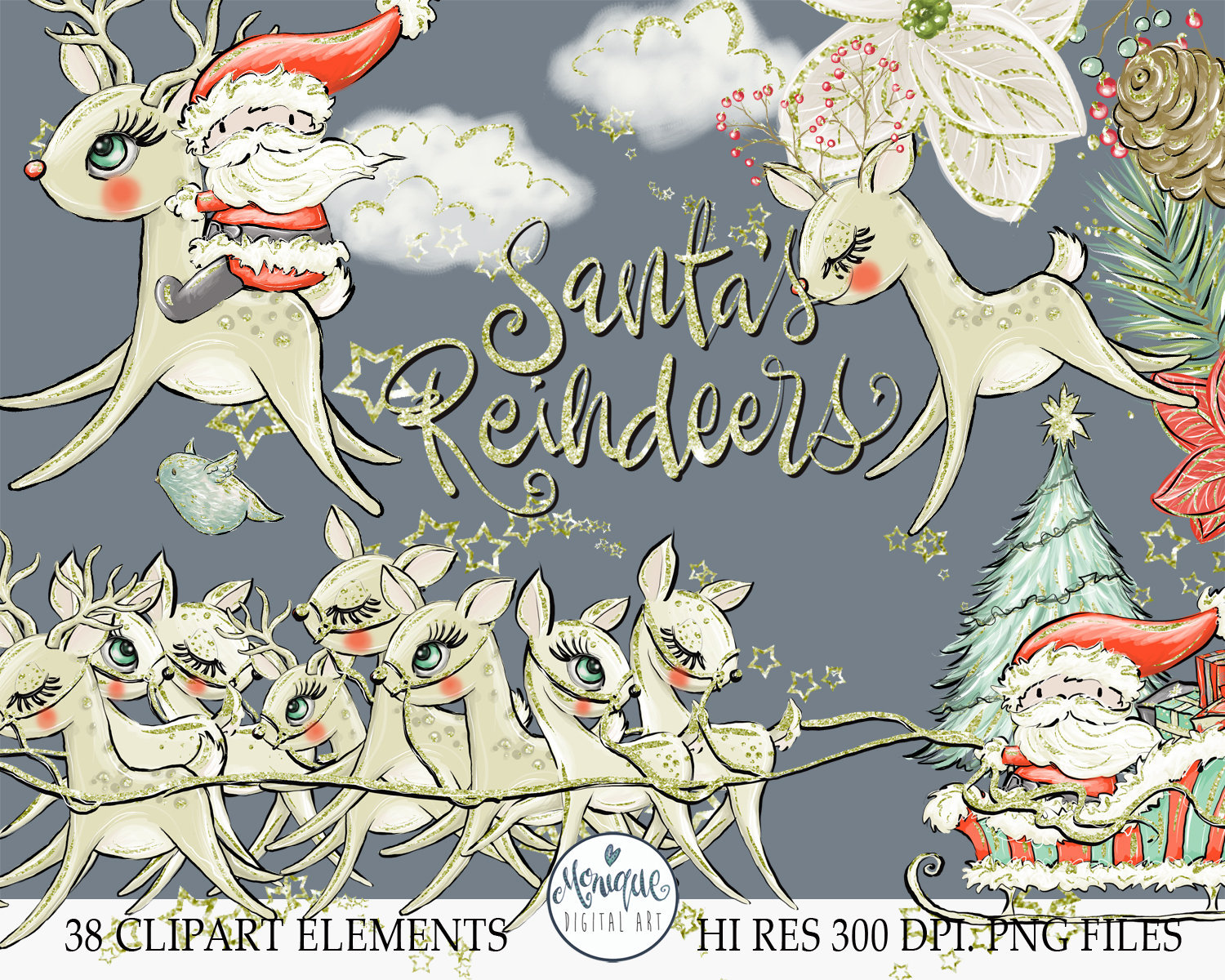 Santa Reindeer Clipart Christmas Clipart Reindeer Planner | Etsy