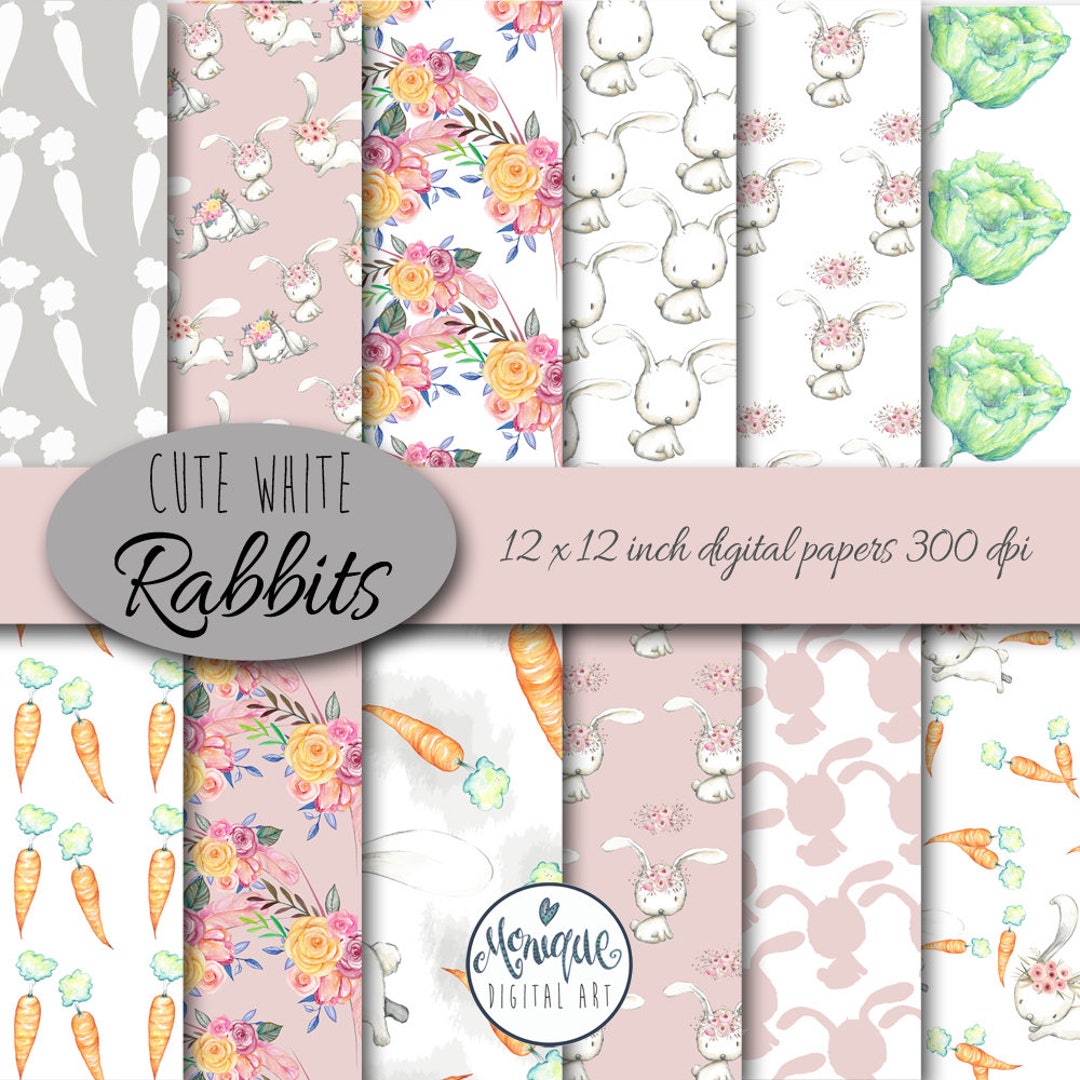 Rabbit Digital Paper Pack, Cute Bunny, Clip Art, Watercolor Nursey ...