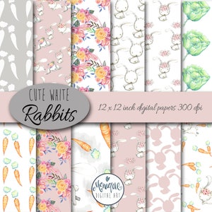 Rabbit Digital Paper Pack, Cute Bunny, Clip Art, Watercolor Nursey ...
