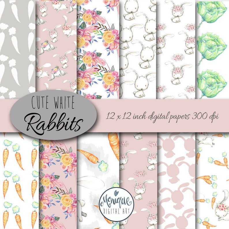 Rabbit Digital Paper Pack Cute Bunny Clip Art Watercolor | Etsy