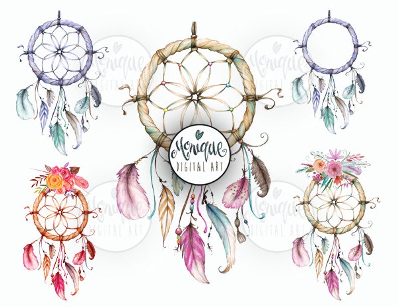 Clipart Dreamcatcher, Watercolor, Boho Clipart, Feathers, Tribal ...
