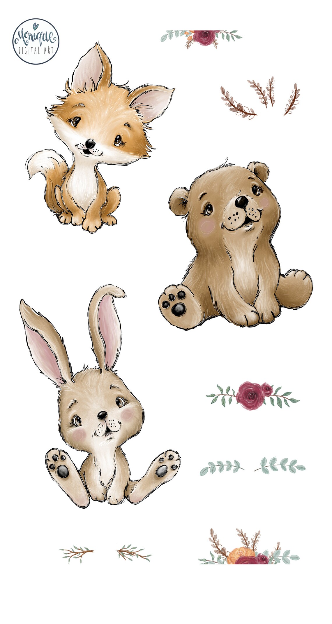 Woodland Animals Clipart Fox Bear Bunny Rabbit Baby Fox - Etsy
