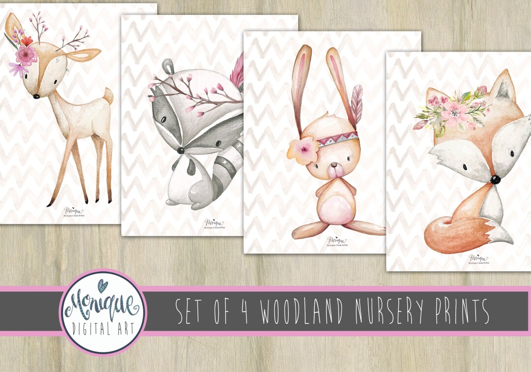 Nursery Woodland Animals Print Watercolor, Set of 4, Fox, Rabbit, Deer ...