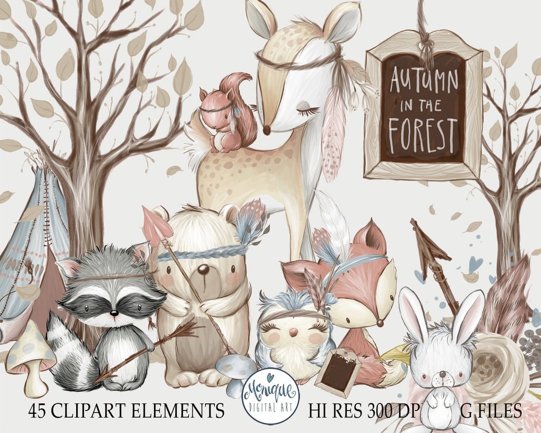 Autumn Woodland, Baby Animals Clipart, Raccoon, Rabbit, Bunny, Fox ...