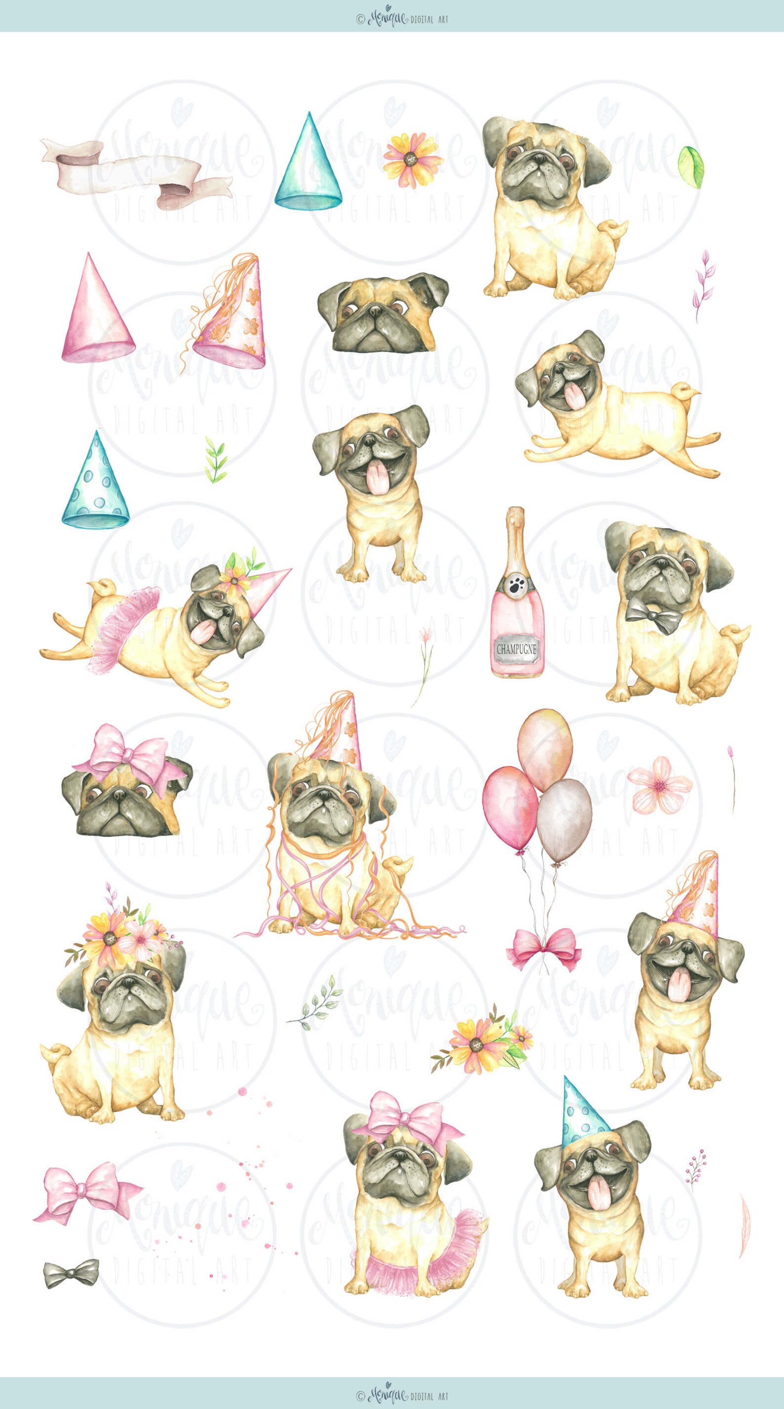 Pug Clipart Watercolor Pugs Pug Art Cute Pugs Pugs Party - Etsy