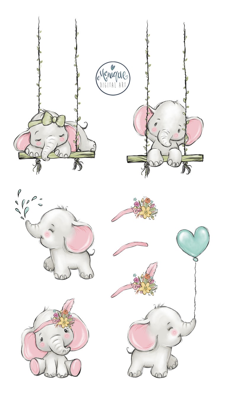 Elephant, Baby Elephant Clipart, Baby Girl Art, Cute Elephant, Boho ...