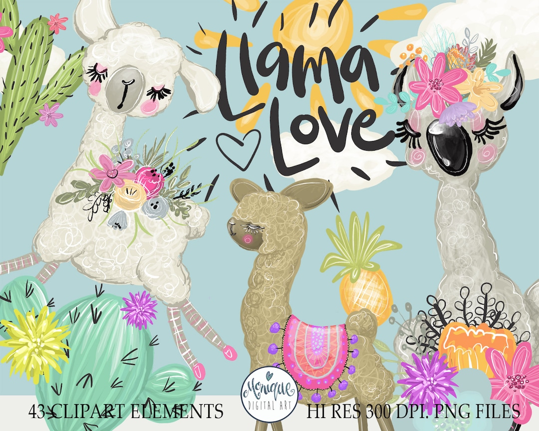 Cute Llama Clipart, Llama Clipart, Llamas and Cactus, Bright Colorful ...