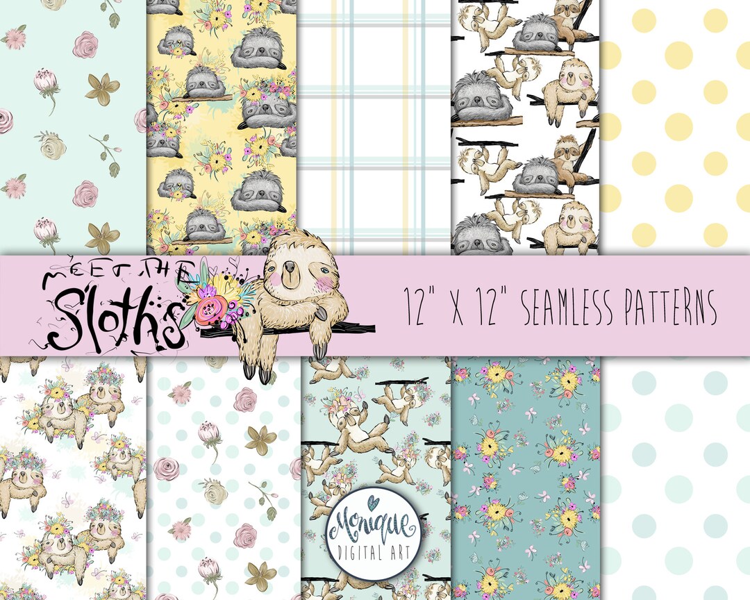 Sloth Digital Paper, Cute Sloth Paper, Sloth Fabric, Seamless Pattern ...