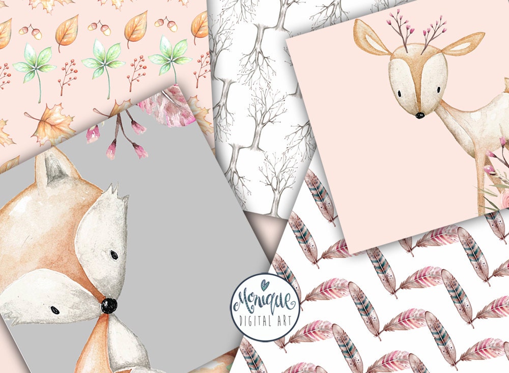 Woodland Forest Digital Papers. Watercolor Designer Clip Art | Etsy