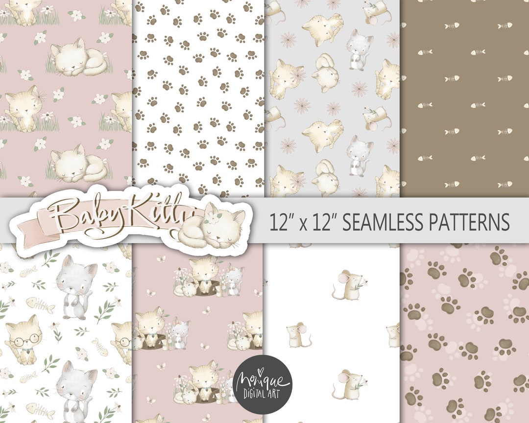 Cat Digital Paper, Kitten Digital Fabric Art, Cat Seamless Pattern ...