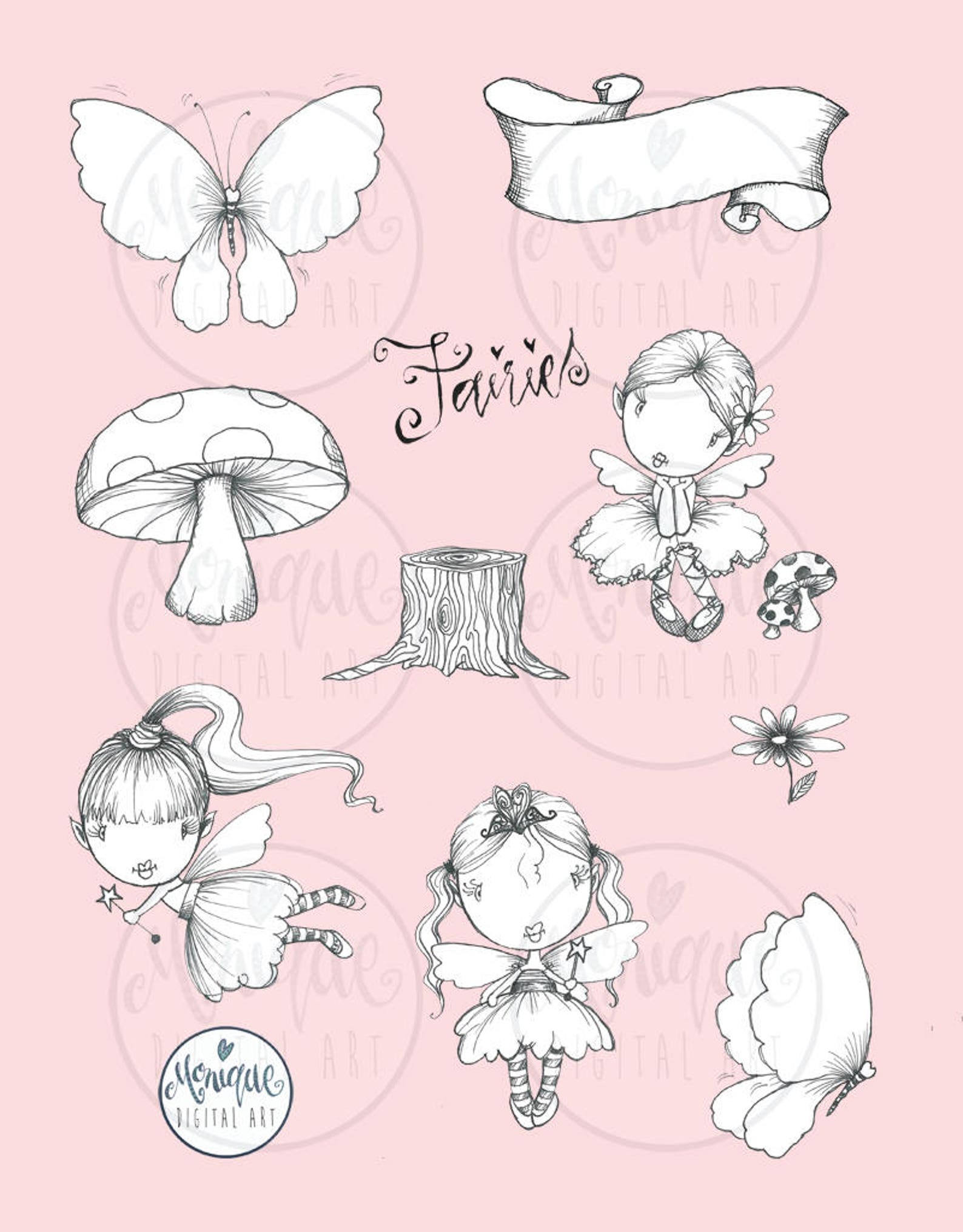 Fairy Clipart Black and White Fairies Hand Drawn Clipart | Etsy