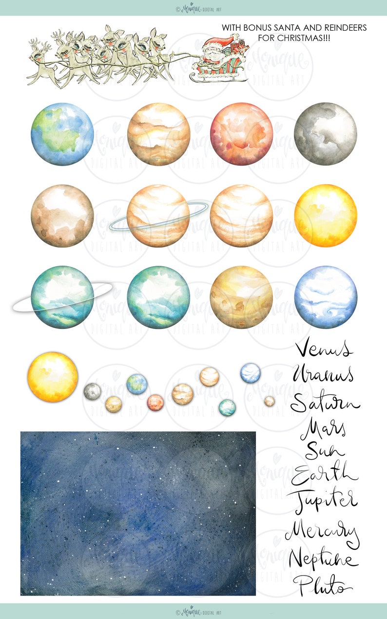 Planets Clipart Watercolor, Solar System Clipart, Outer Space Art, Mars ...