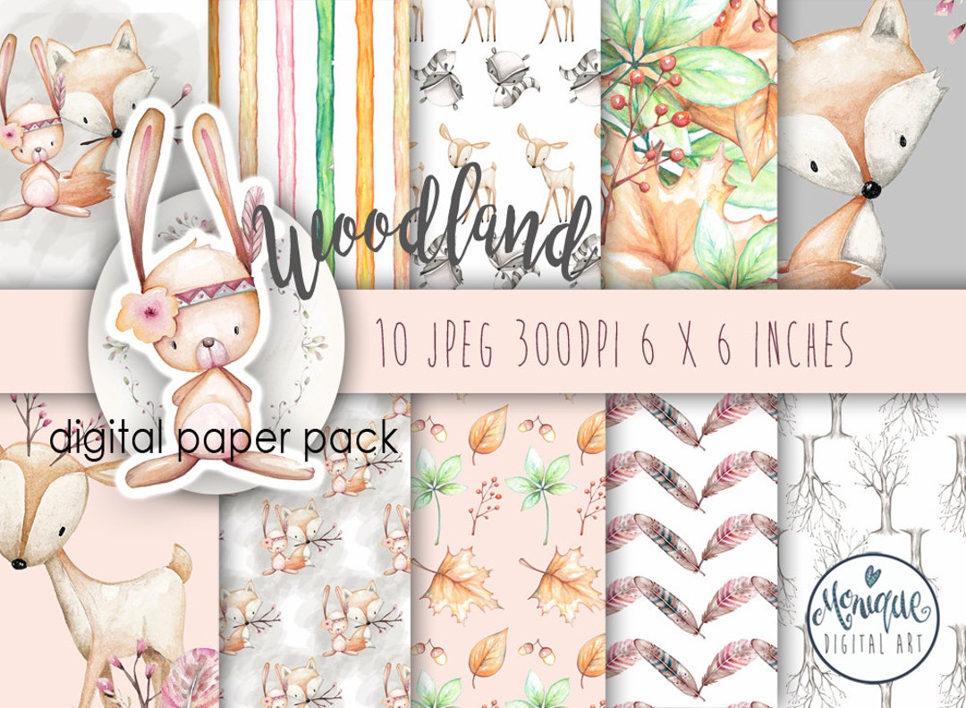 Woodland Forest Digital Papers. Watercolor Designer Clip Art, Fox ...