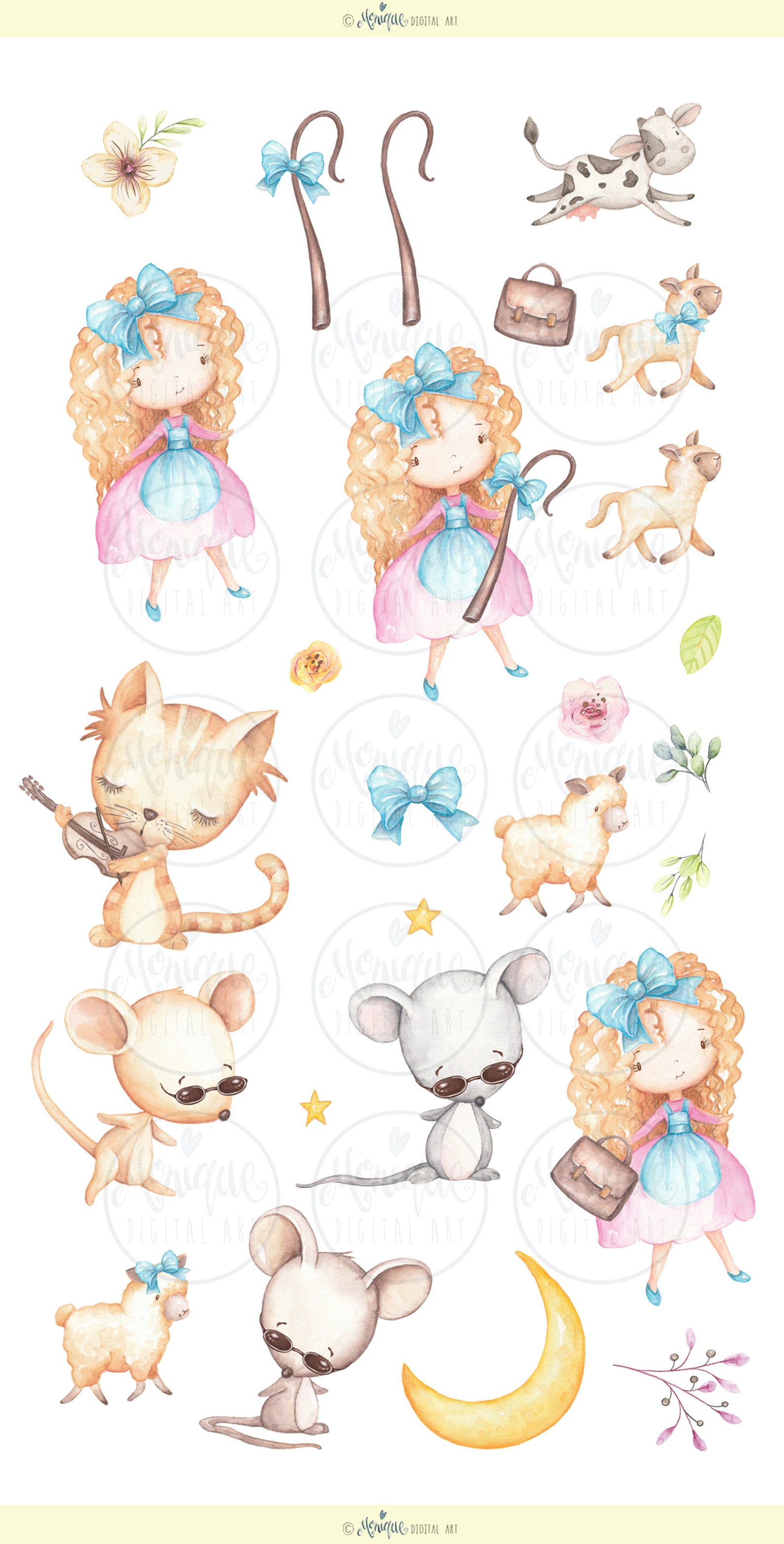 Nursery Rhyme Clipart, Watercolor, 3 Blind Mice, Little Bo Peep, Mary ...