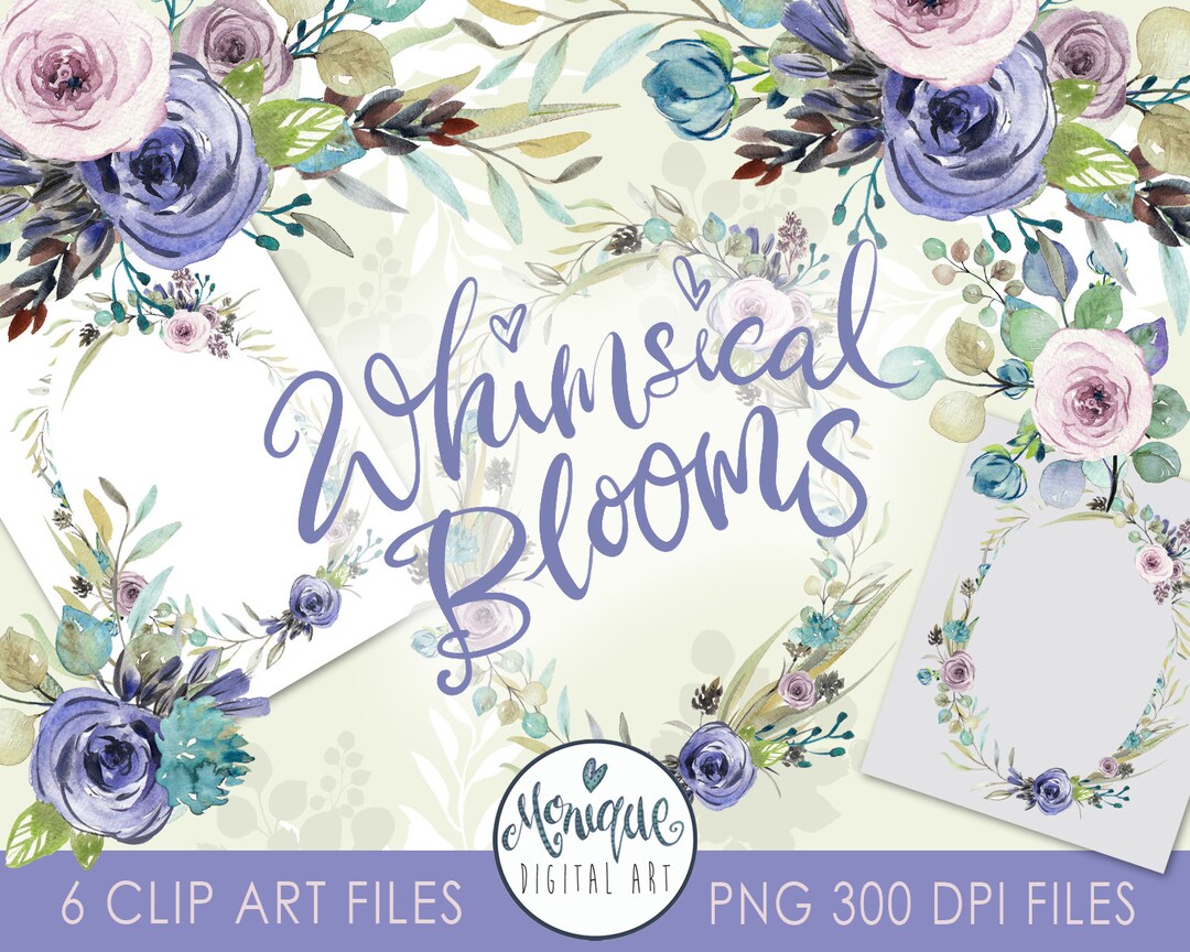 Whimsical Blooms Watercolor, Pink Roses, Blue Roses, Flower Wreath ...