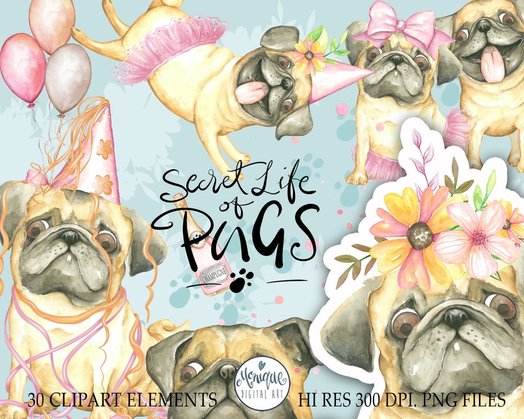 Pug Clipart, Watercolor Pugs, Pug Art, Cute Pugs, Pugs Party Art, Hand ...