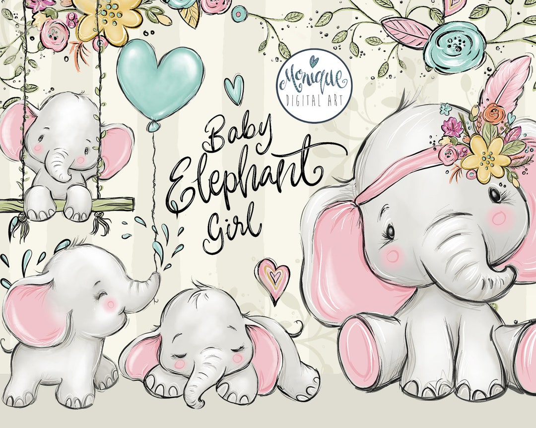 Elephant, Baby Elephant Clipart, Baby Girl Art, Cute Elephant, Boho ...