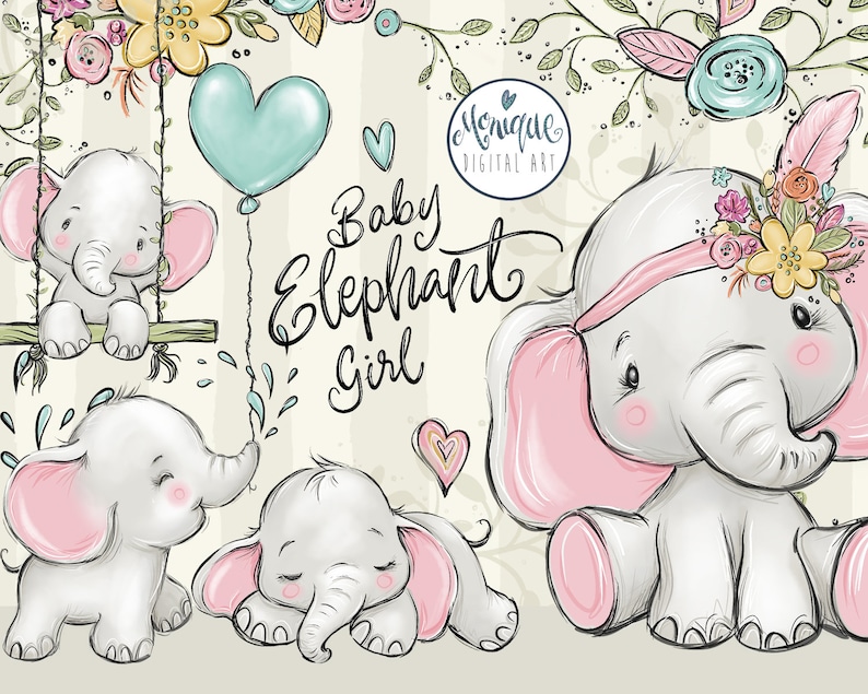 Elephant, Baby Elephant Clipart, Baby Girl Art, Cute Elephant, Boho ...