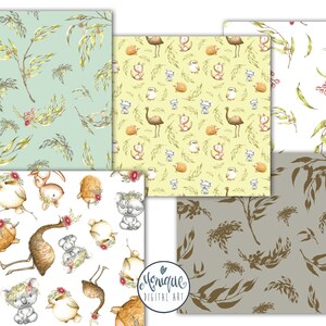 Australian Animals Digital Paper, Kangaroo, Koala, Emu, Kookaburra ...