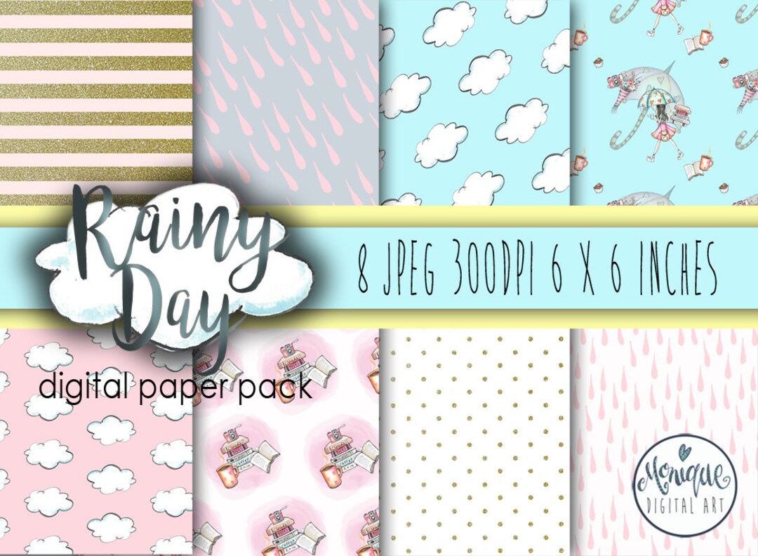 Rainy Day Digital Papers. Watercolor Designer Clip Art, Planner, Fabric ...