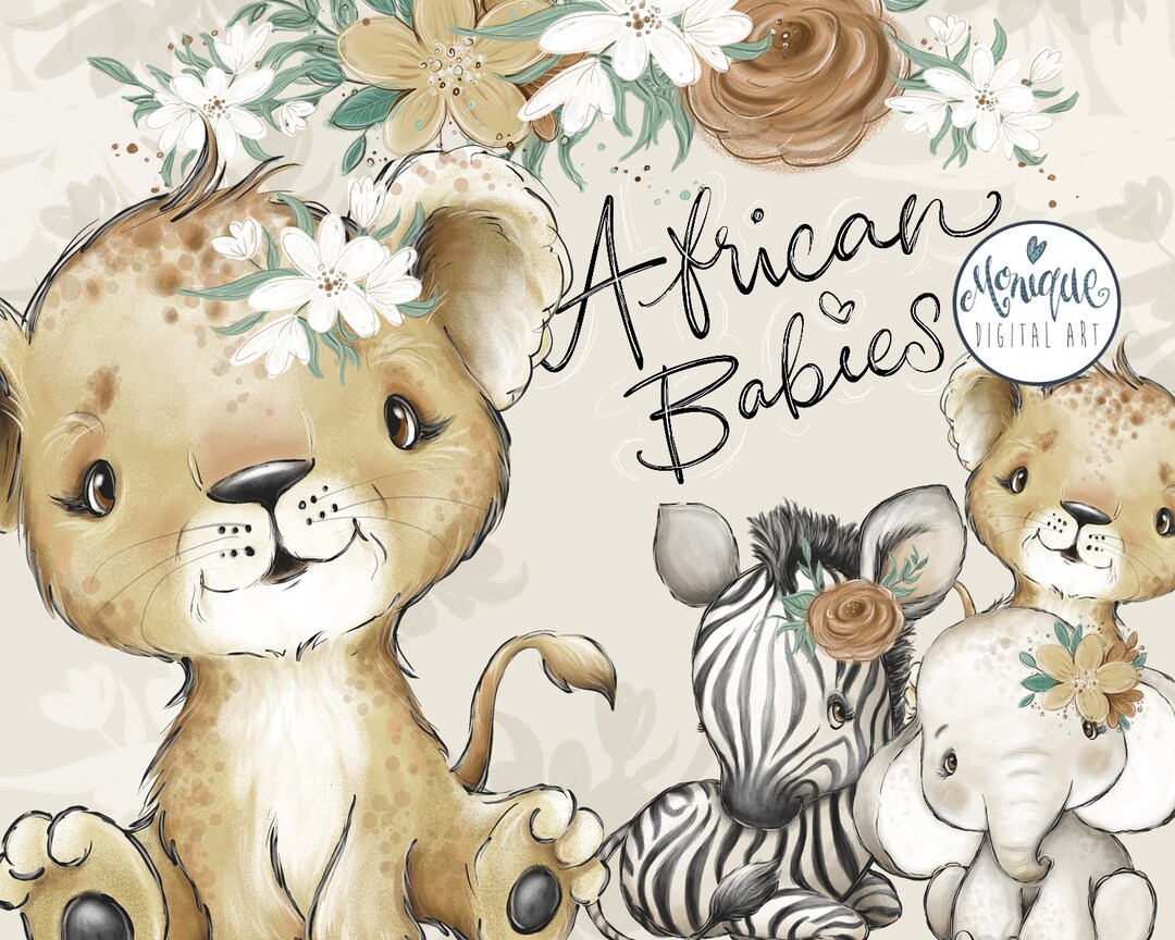 African Animals Clipart, Lion, Elephant, Zebra, Baby Animals Art ...