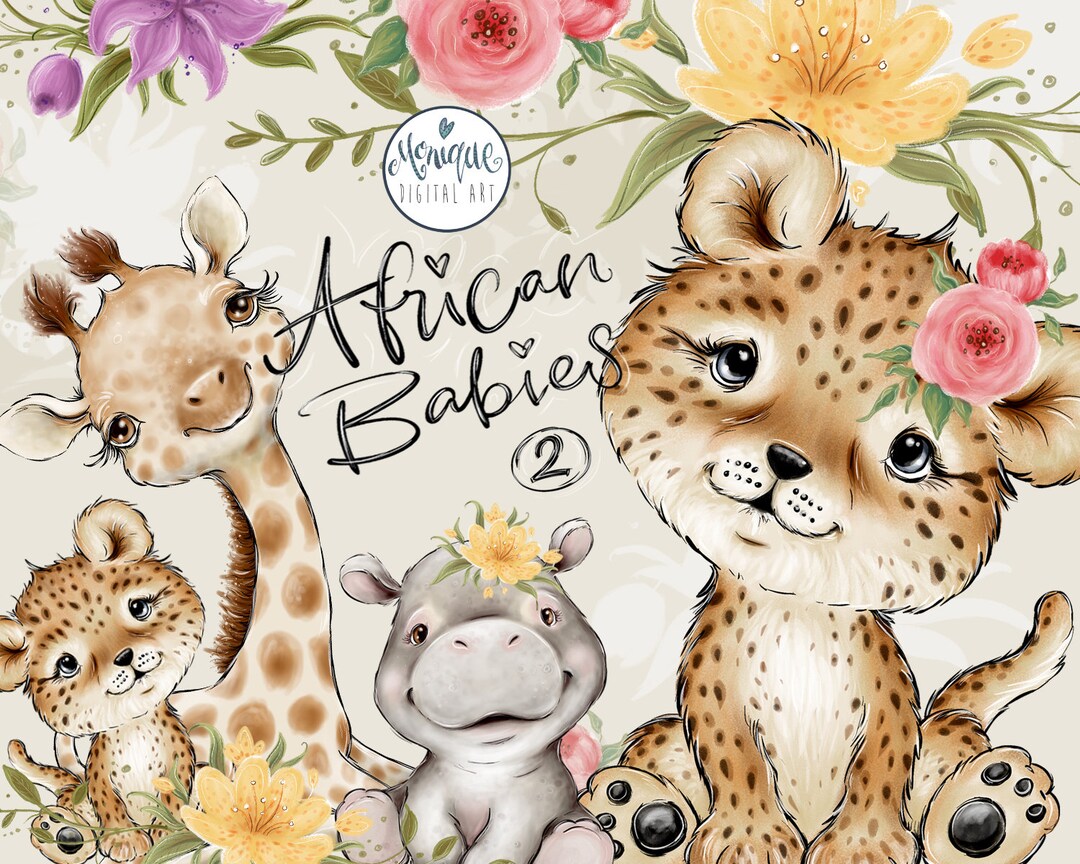 African Animals Clipart, Giraffe, Hippo, Leopard, Baby Animals Art ...