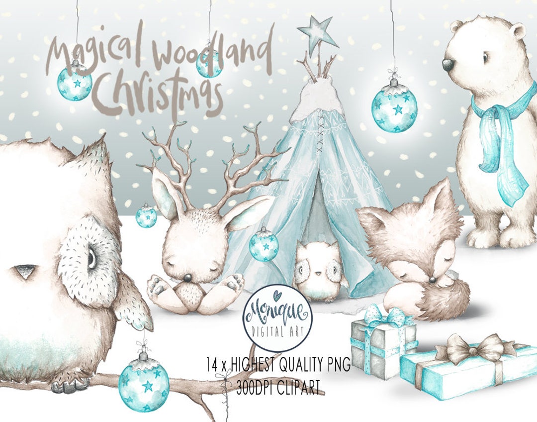Woodland Christmas Animals Clipart,white Bear,white Fox,white Owl ...