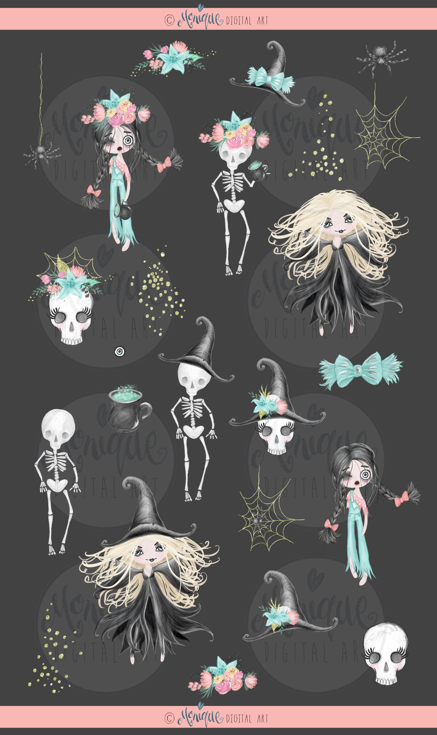 Halloween Clipart, Witch, Zombie, Skeleton, Floral Wreath, Skull ...