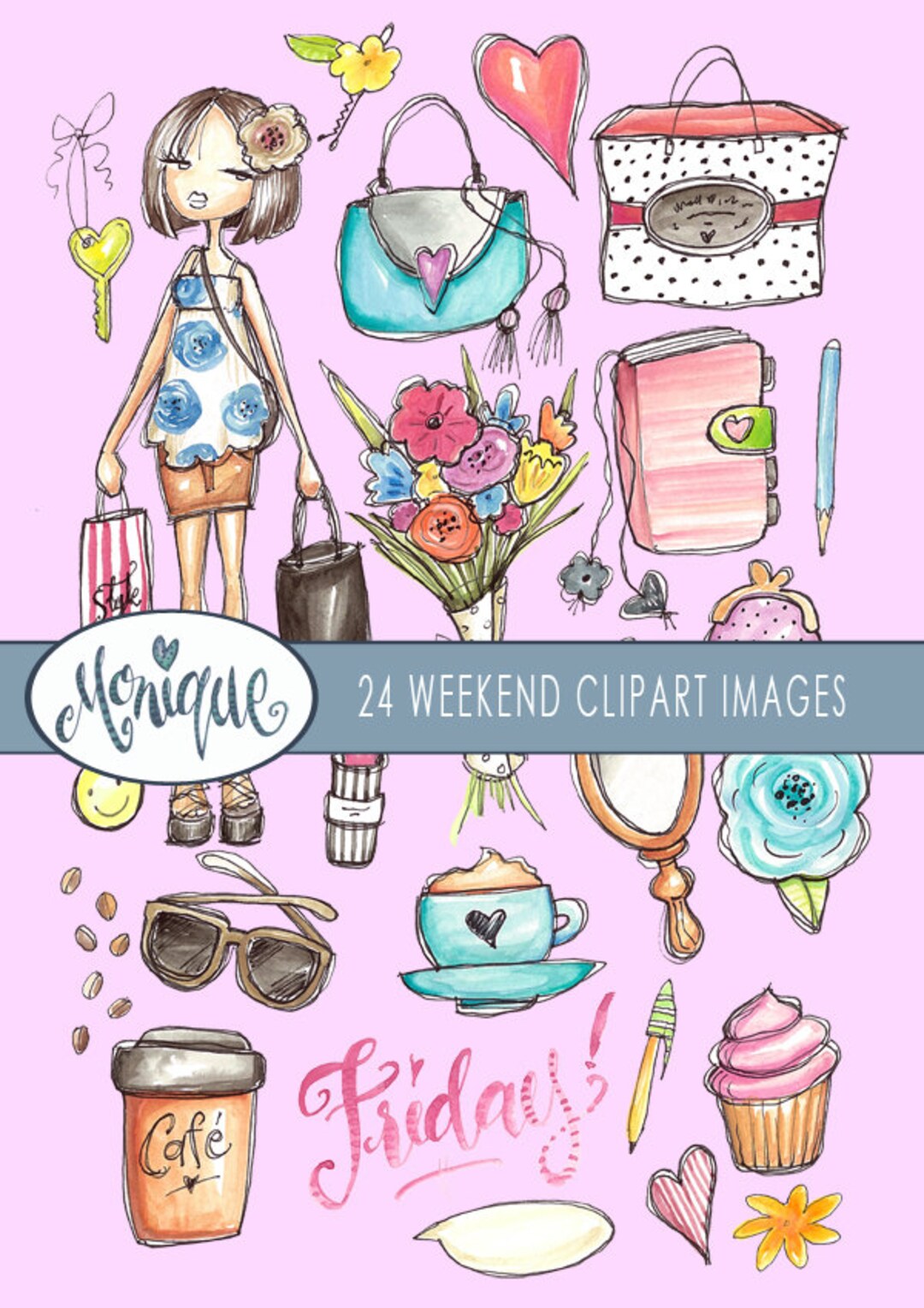 Clipart Watercolor Weekend Girls, Sticker Clipart, Coffee, Flowers, Bag ...