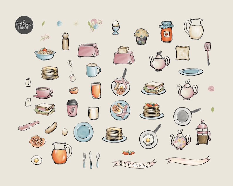 Breakfast Clipart Breakfast Icons Coffee Bacon Eggs - Etsy
