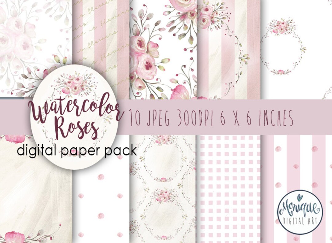 Pink Watercolor Roses Paper Set, Digital Background Handpainted ...