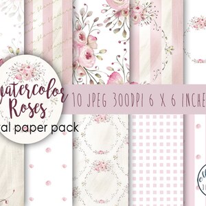 Pink Watercolor Roses Paper Set, Digital Background Handpainted ...