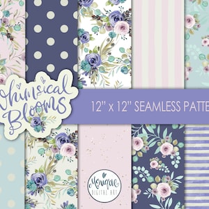Whimsical Blooms Digital Papers, Seamless Pattern, Fabric Art, Pink ...