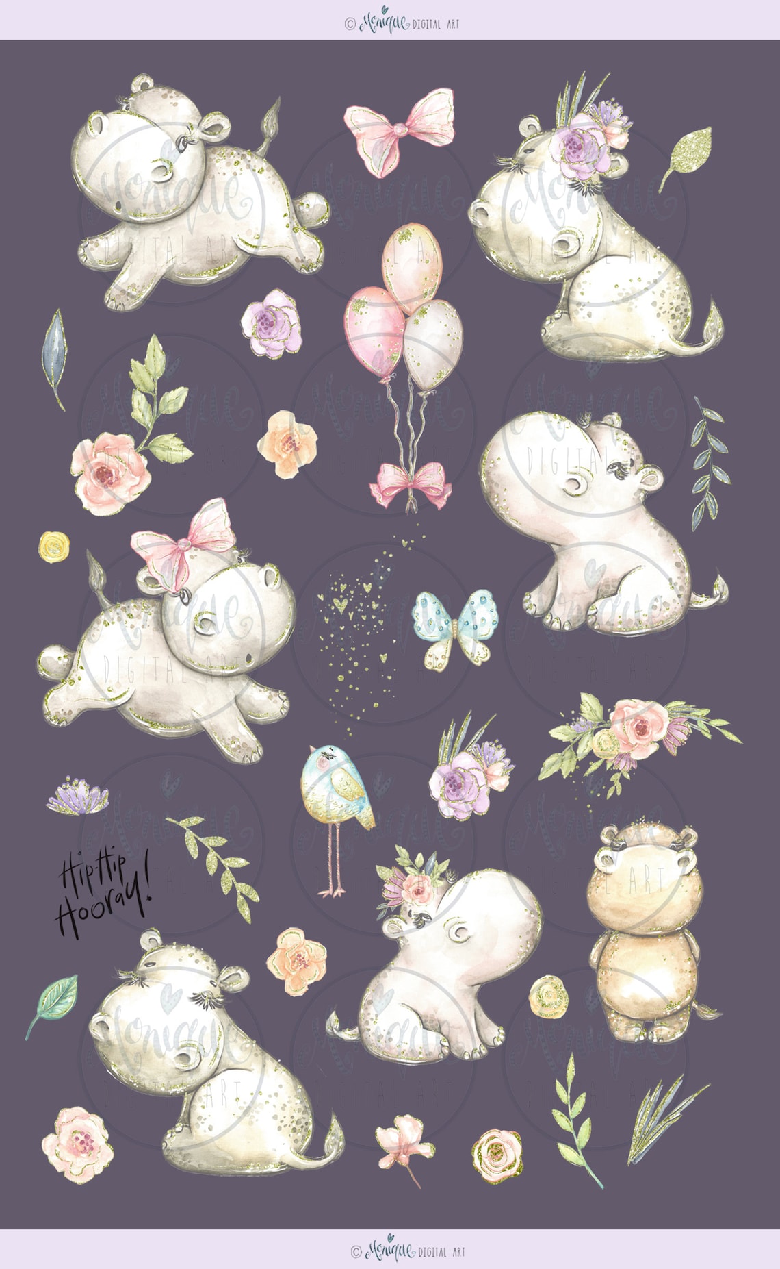 Hippo Clipart Cute Hippos Watercolor Mother and Baby New - Etsy