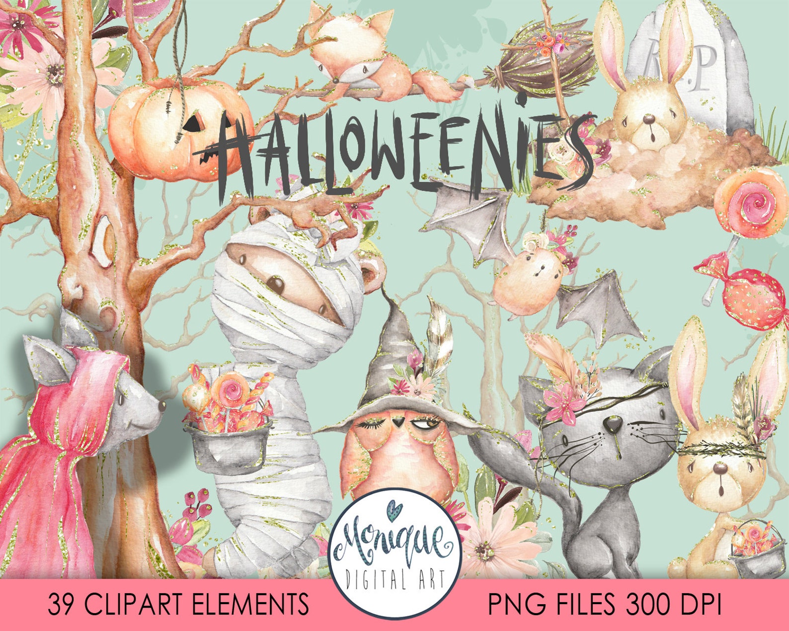 Halloween Clipart Woodland Animals, Cute Halloween, Zombie, Grave ...