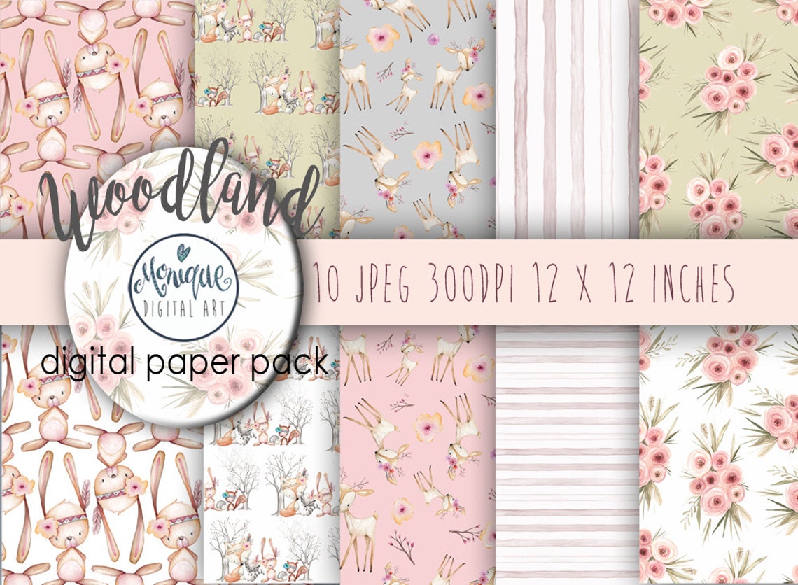 Woodland Digital Paper Pack Watercolor Clip Art Floral | Etsy