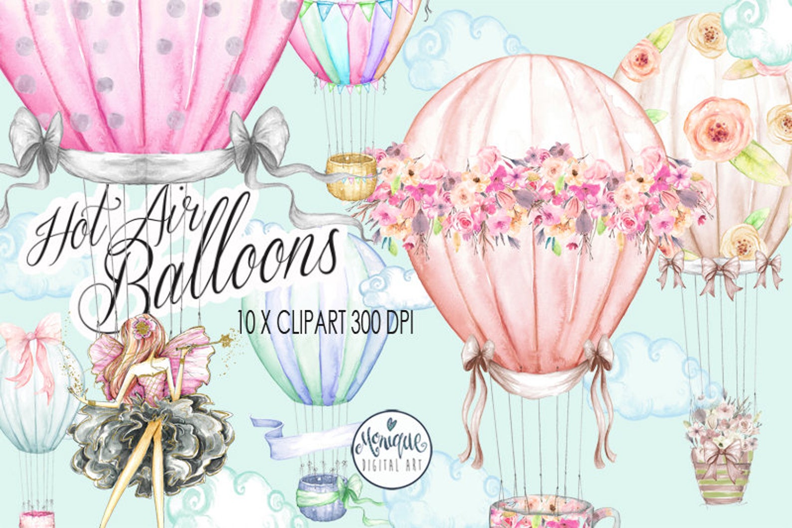 Hot Air Balloons Watercolor,planner Clipart,cute Balloons,balloons ...