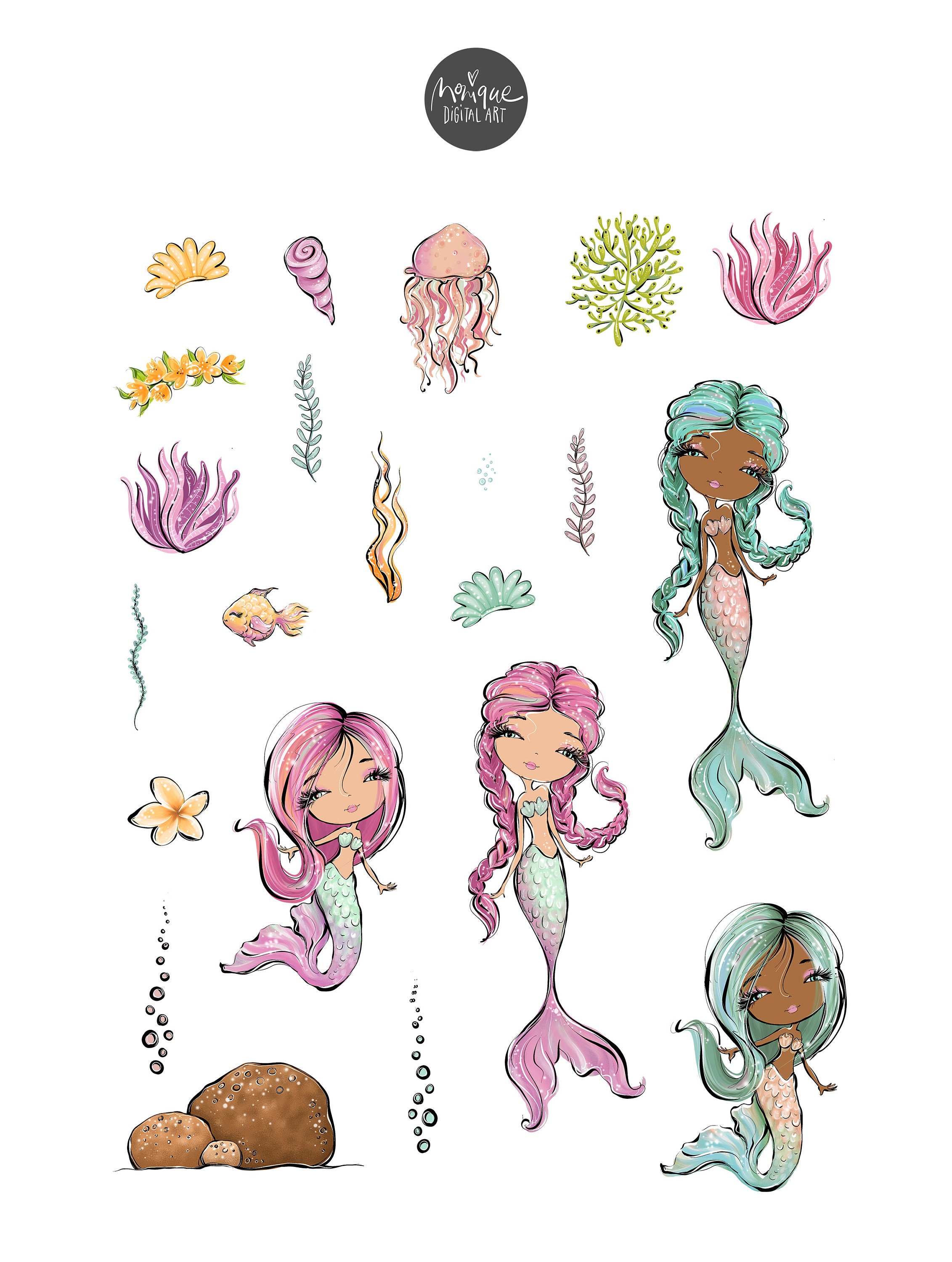 Mermaid Clipart, African American Mermaid, Coral, Seaweed, Jellyfish ...