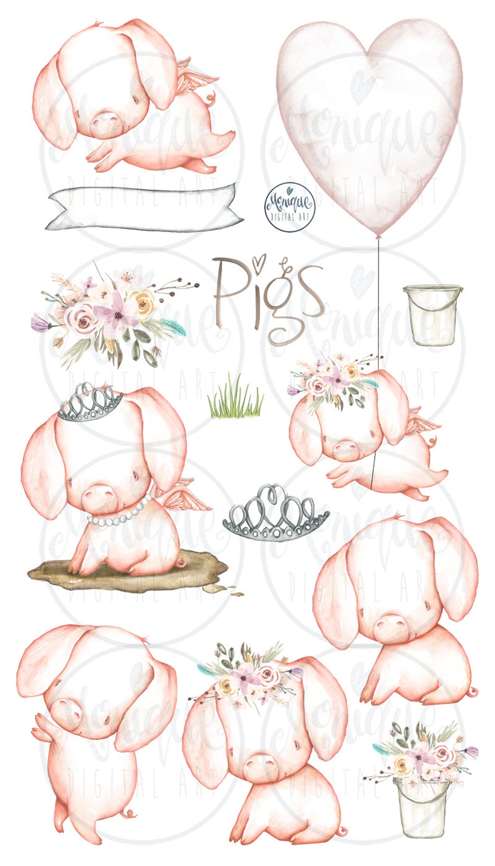 Cute Pig Clipart, Pigs Watercolor, Cute Pigs, Pigs Flying, Hand Painted ...