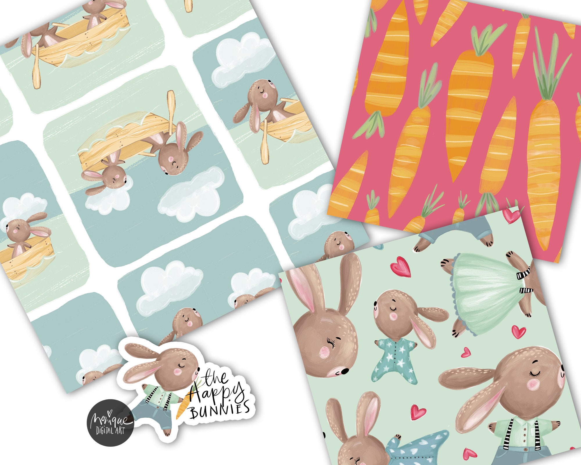 Rabbit Digital Paper, Bunny Surface Pattern, Easter, Valentines Day ...