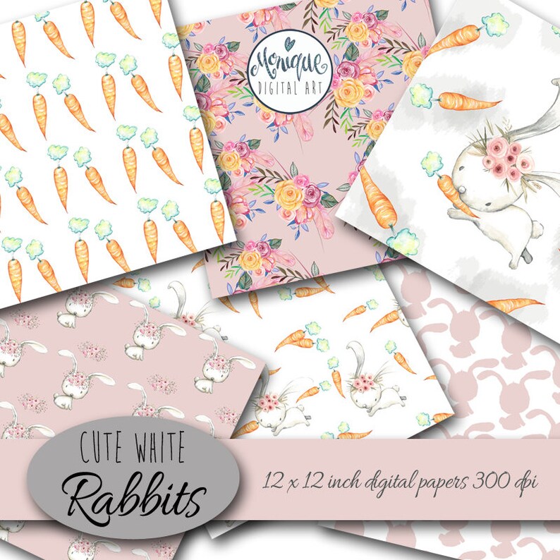 Rabbit Digital Paper Pack Cute Bunny Clip Art Watercolor - Etsy