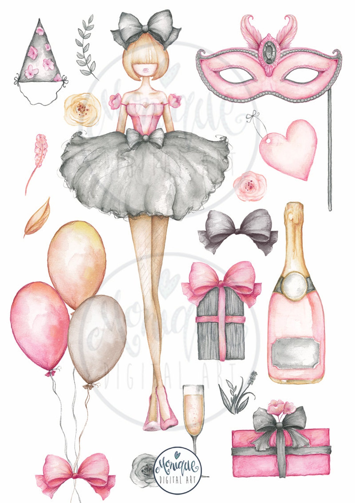 Party Girl Clipart Watercolor Invitation Gifts Champagne - Etsy