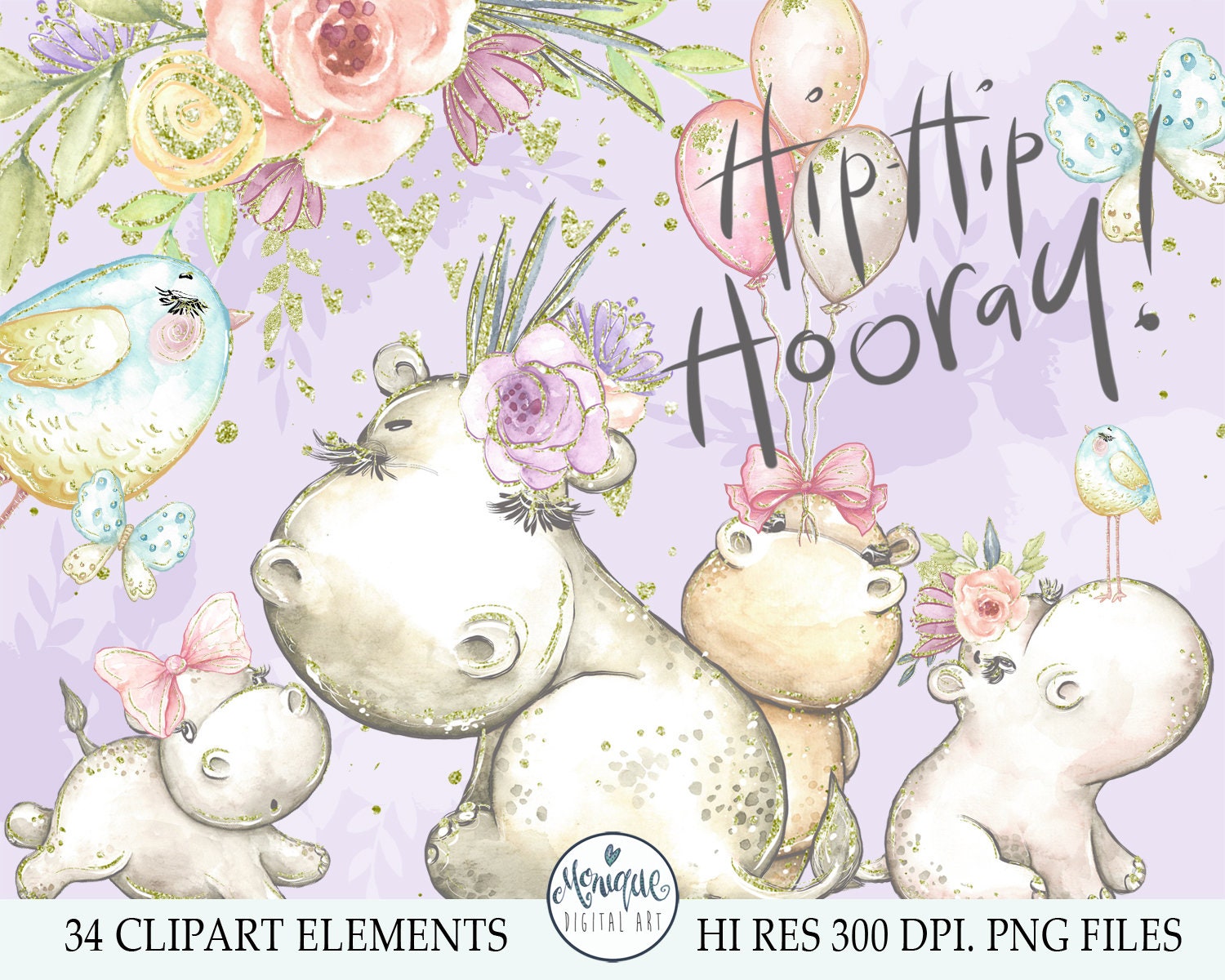 Hippo Clipart, Cute Hippos Watercolor, Mother and Baby, New Year ...