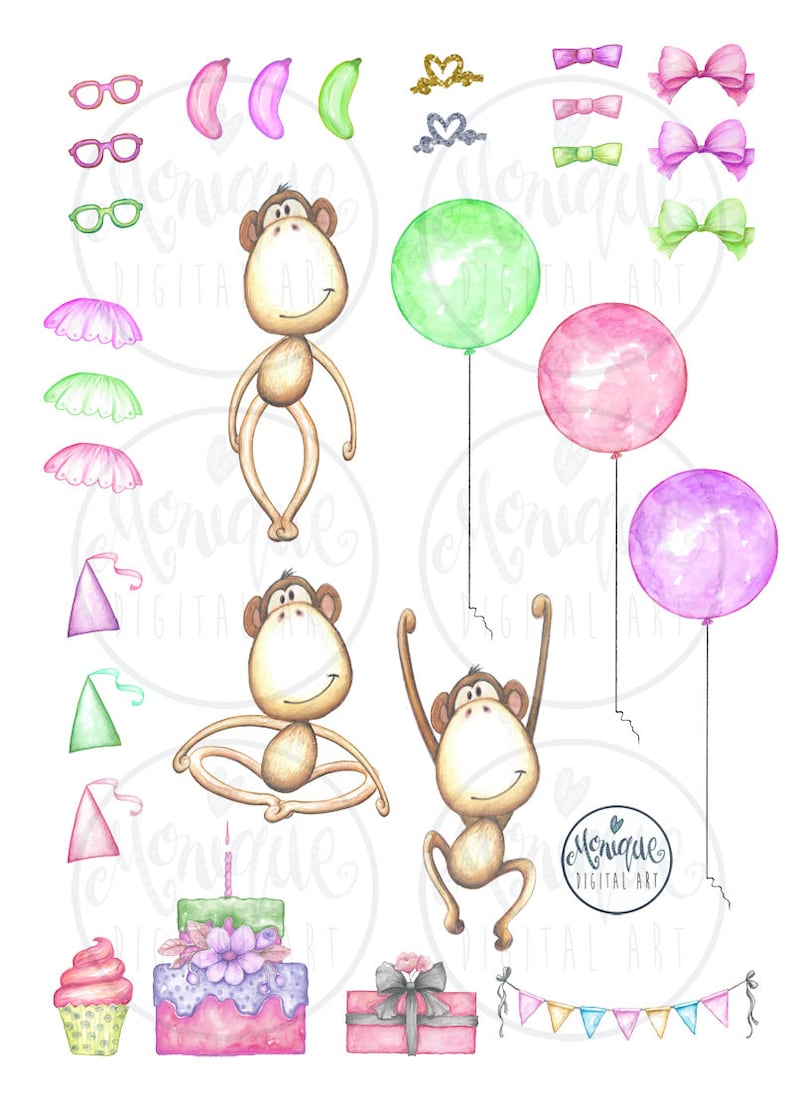 Monkey Clipart Watercolor,cute Monkeys,monkey Invitation,monkey Party ...