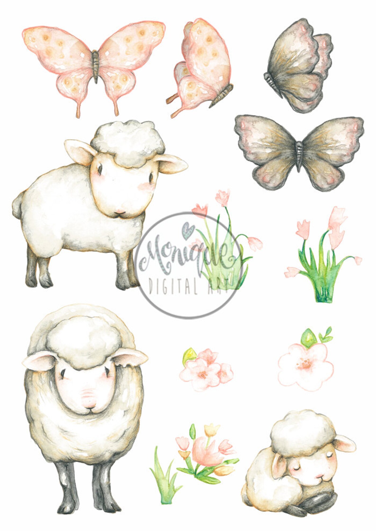 Sheep Clipart, Sheep Watercolor, Farm Animals, Painted, Floral, Planner ...