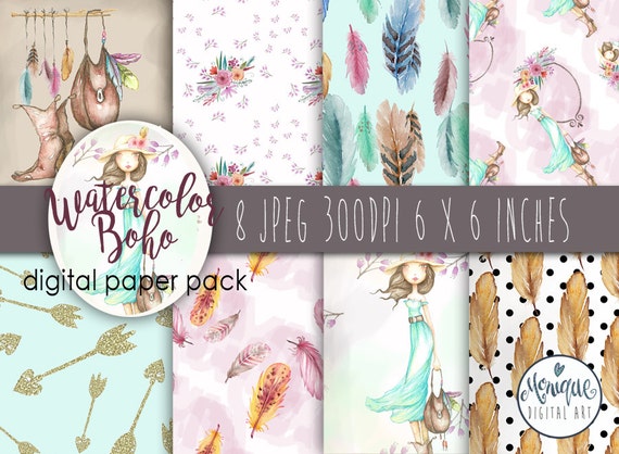 Boho Pattern Paper Girl Watercolor Boho Paper Shabby Chic | Etsy