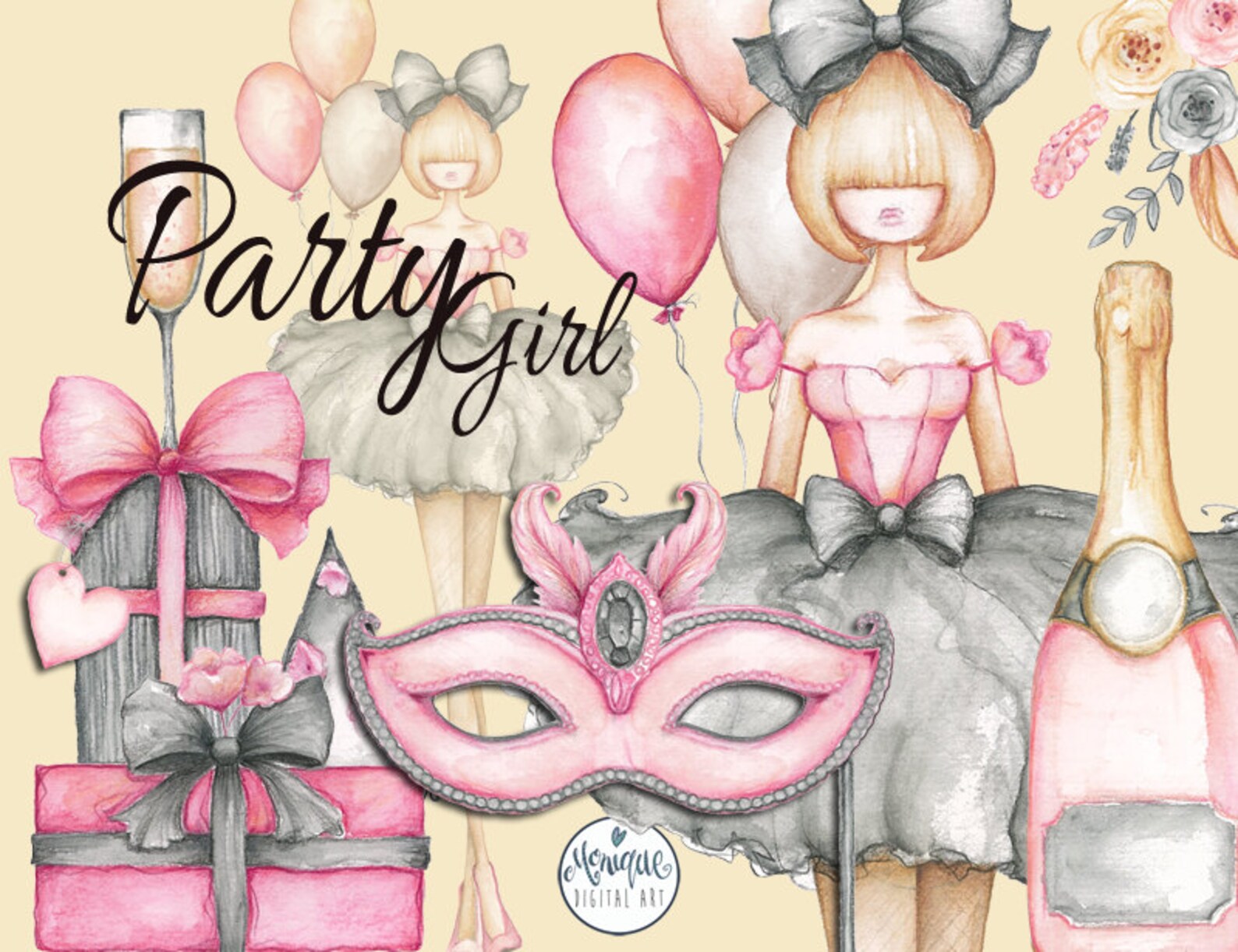 Party Girl Clipart Watercolor Invitation Gifts Champagne - Etsy